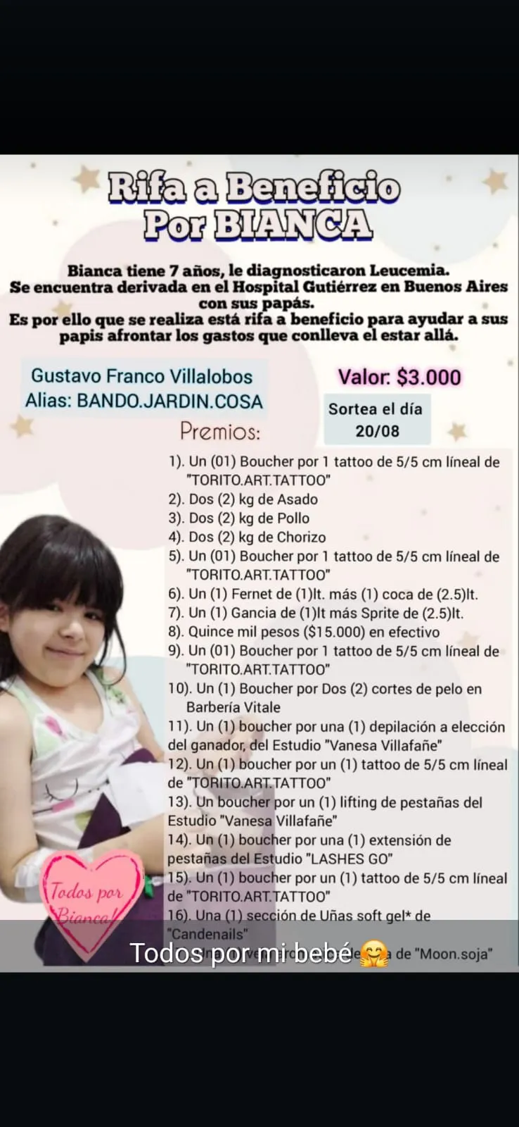 Unidos por Bianca: rifa solidaria para ayudar a una pequeña de 7 años que está derivada